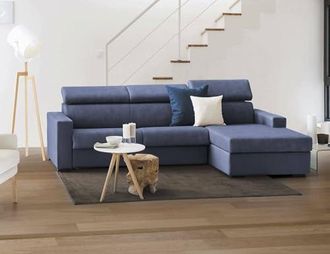 Dmora Talamo Italia - Sofa mit Halbinsel Mikaela, Ecksofa mit rechter Chaiselongue aus Stoff, schmale Armlehnen, 100 % Made in Italy, 260 x 95 x 85 cm, Blau
