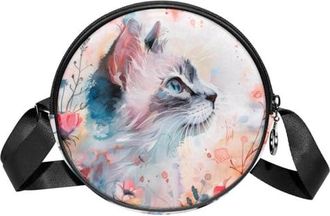 Generic Sac &agrave; bandouli&egrave;re rond rond pour femme, motif chat floral aquarelle, petit sac &agrave; dos &agrave; bandouli&egrave;re avec fermeture &eacute;clair, bretelles r&eacute;glables, d&eacute;contr
