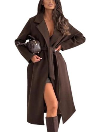 Generic Manteau en laine &agrave; manches longues pour femme, manteau dhiver uni, manteaux en laine pour femmes, manteaux longs dhiver, marron, XXL