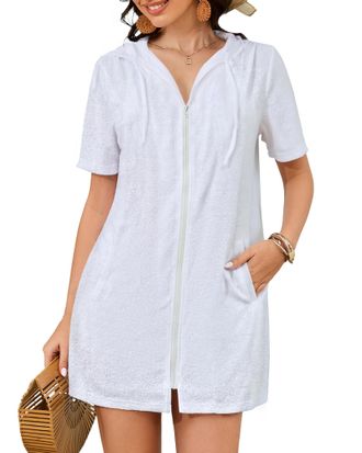 Bsubseach Terry Cloth Badeanzug Cover Up für Frauen Reißverschluss Hooded Bademantel Strand mit Taschen Sommer Weiß XXL