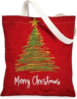 Generic Sacs fourre-tout en toile motif sapin de No&euml;l, sacs d&eacute;picerie r&eacute;utilisables, rustiques, vintage, l&eacute;gers, lavables, Rouge, 13x15 Inch