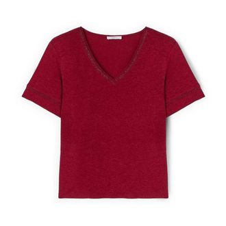 Motivi T-Shirt aus Leinenmischung mit goldfarbenem Besatz - - Tops - Damen - Rot - XS