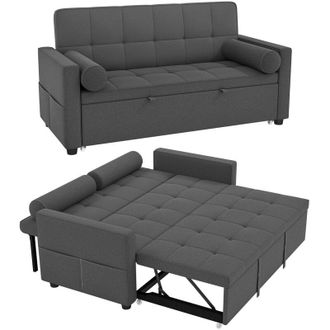 HOMCOM Canap&eacute; convertible 2 places - HOMCOM - 3 en 1 - lit gigogne double et dossier r&eacute;glable - tissu aspect lin - 80,5x137,5x84cm - gris
