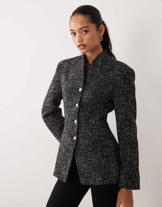 Miss Selfridge blazer sans col en boucl&eacute; noir