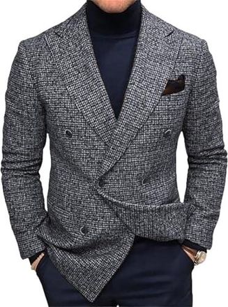 Generic Blazer &agrave; Carreaux pour Homme, Coupe Classique, Revers crant&eacute;, Deux Boutons, Style d&eacute;contract&eacute;, ray&eacute;, Gris, Taille 3XL