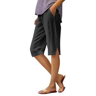 Generic Jupe-short d&eacute;t&eacute; en lin m&eacute;lang&eacute; pour femme, longueur genou, taille &eacute;lastique, jambes larges, avec poches et fentes lat&eacute;rales, pantalon court d&eacute;contract