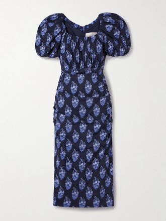 Carolina Herrera Midikleid Aus Popeline Aus Einer Baumwollmischung Mit Blumenprint Und Raffungen - Blau