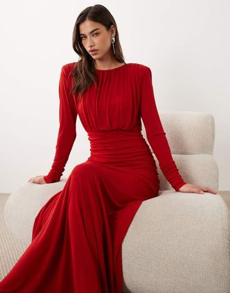 Mango Robe structur&eacute;e longue et fronc&eacute;e &agrave; manches longues - Rouge