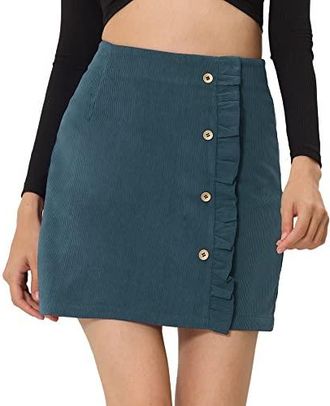 Allegra K Jupe Portefeuille en Velours côtelé Vintage pour Femmes avec Garniture à Volants et Taille Haute Bleu Poussiéreux L