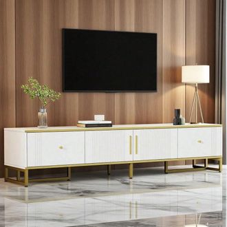 Generic Weißer TV-Schrank mit Goldener Umrandung - 180x40x40 cm, 2 Türen & 2 Schubladen, Verstellbare Füße & Kabelmanagement - Für Bis Zu 80 Zoll Fernseher