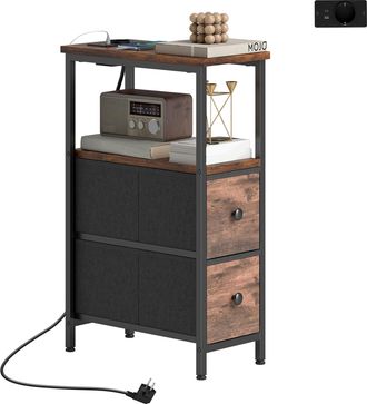HOMCOM Couchtisch Beistelltisch mit Ladestation, Stahlrahmen, Schmal Wohnzimmertisch mit 2 Stoffschublade, offen Fach, Steckdose, USB- und USB-C-Anschl&uuml;ssen,