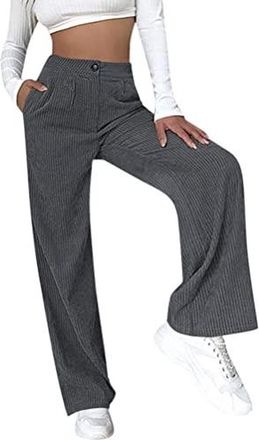 ORANDESIGNE Oanviso Pantalons en Velours Côtelé Femme Élégant Pantalon Boutons Ample Taille Haute Couleur Unie Classique Slim Pantalon Rétro avec Poches A Gris fo