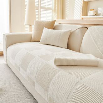 Generic Samt-Sofa&uuml;berzug in Uni-Farbe, rutschfest und waschbar, passend f&uuml;r 1- bis 4-Sitzer-Sofas, geeignet f&uuml;r L-Form-/modulare Sofas Beige 110 * 180cm/43.31