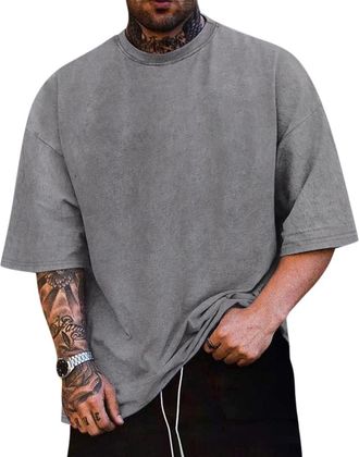 Minetom Herren Sommer T-Shirt Oversize Fit Kurzarm Oberteil Mit Rundhals Retro Washed Weit Geschnittenes Tee Einfarbig Basic Shirt T Shirts M&auml;nner Longshirt A