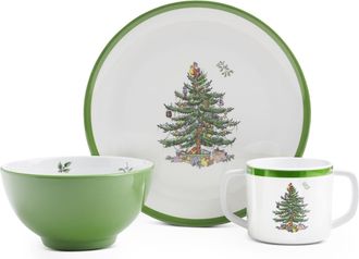 Spode Weihnachtsbaum-Geschirr-Set aus Melamin, 3-teilig, 20,3 cm Teller, 12,7 cm Schüssel, 284 ml Tasse, festliche und langlebige Urlaubskollektion für Kind