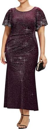 Ever-pretty Robe Grande Taille Femme Longue &Eacute;vas&eacute;e avec Manches Courtes Strass pour Mariage, Soir&eacute;e Voilet Fonc&eacute; 50