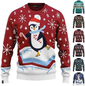 Generic Pull de No&euml;l pour homme dr&ocirc;le avec motif pingouin et arbre de No&euml;l - D&eacute;bardeur oversized - V&ecirc;tement dhiver doux et chaud en tricot - Manches longues -