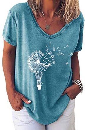 Minetom T-Shirt Femme à Manches Courtes Grande Taille Été Ample Casual Col en V Tops Femme Sexy Imprimé Top Colorées Mode Blouse Haut G Bleu 42