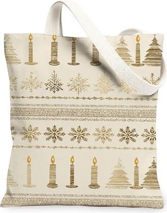 Generic Sacs fourre-tout en toile pour bougies de No&euml;l, motif dhiver d&eacute;coratif, sacs d&eacute;picerie r&eacute;utilisables, l&eacute;gers et lavables avec bandouli&egrave;re, beige, 13x1