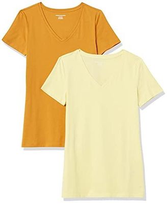 Amazon Essentials T-Shirt Col en V, à Manches Courtes, Coupe Standard Femme, Lot de 2, Jaune Clair/Jaune Doré, XXL