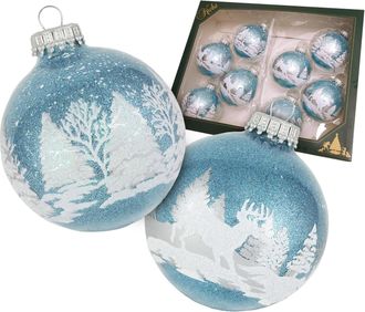 Krebs Glas Lauscha Weihnachtsdekoration/Christbaumschmuck aus Glas - 2er Boxset je 4 Christbaumkugeln - Motiv: Winterwald mit Glitter - Größe: ca. 7 cm