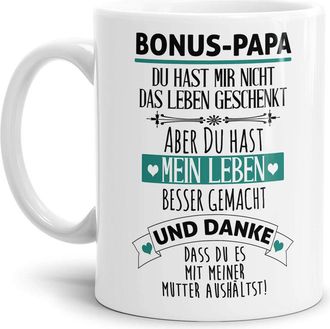 Tassendruck Tasse mit Spruch - Danke Bonus Papa - Kaffeetasse/Spruchtasse/Bester Stiefpapa/Geschenk Stiefvater - Weiß