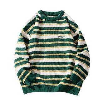Generic Pull pour homme sans capuche col rond élégant rayé pull tricoté pull à manches longues patchwork décontracté col rond tops, Vert, 3XL