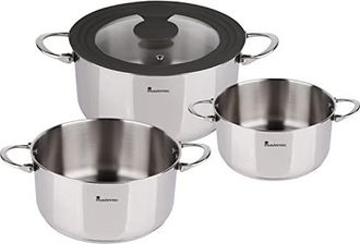 Masterpro Foodies - Küchenbatterie - 4 -Stück -Set mit 4, 20 und 24 cm Pfannen und Glasdeckel - Hergestellt in Edelstahl - kompatibel mit allen Arten von Küchen