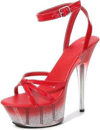Generic Rouge,34 EU,Sandales à Talons Hauts et Brides à la Cheville pour Femme, Bout Ouvert, Plateforme, Talons Aiguilles, Cristal, Chaussures habillées pour 