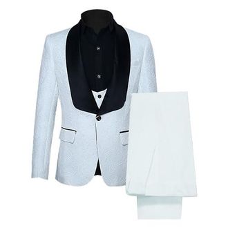 Generic Costume 3 pi&egrave;ces pour homme en jacquard coupe ajust&eacute;e avec ch&acirc;le &agrave; revers et pantalon habill&eacute; pour f&ecirc;te de mariage, blanc, L