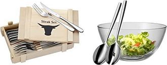 WMF Steakbesteck 12-teilig, Steakbesteck Set für 6 Personen & Taverno Salatschüssel Set 3-teilig, Salatbesteck 25 cm mit Salatschale, runde Schale 23,5 cm