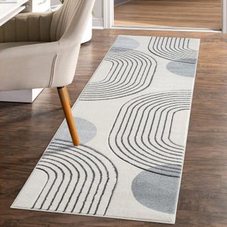 Carpet City Teppich-L&auml;ufer Kurzflor Grau - 80x300 cm - Moderne Flur-Teppiche Geometrisch, Kreis-Muster mit 3D-Optik - Flachflor Bodenbelag Deko Schlafzimmer, Diel