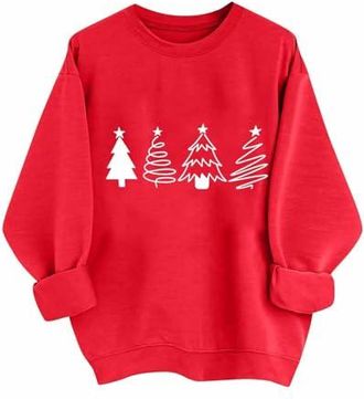 Generic Chandails rouges imprimés arbre de Noël pour femme, pull dhiver amusant et tendance pour les vacances, surdimensionné et confortable, pull décontracté
