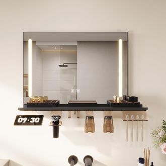 Sonni LED Badspiegel 70x50cm mit 80cm Ablage, Touch Badezimmerspiegel 3 Lichtfarben, Anti-Beschlag & Gedächtnisfunktion, Ablage mit Handyhalter + Haken + Za