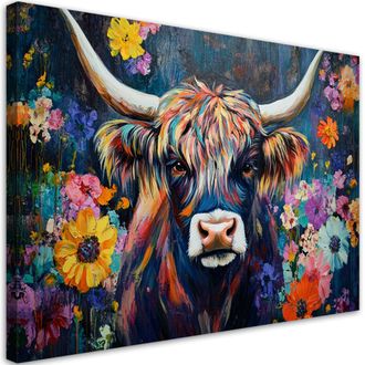 Feeby Leinwandbilder - Deko Bilder - Bunte Schottische Kuh Abstrakt - Canvas 120x80 cm XXL 1tlg- Wandbilder Schlafzimmer - Aesthetic Room Decor - Modern Wan