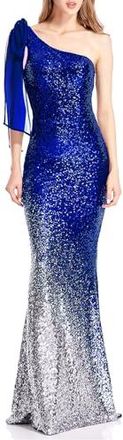 Angel Fashions Femme Asymetrique Ruban Sequin Progressive Mermaid Robe Longue Bleu Royal Argent Size 44