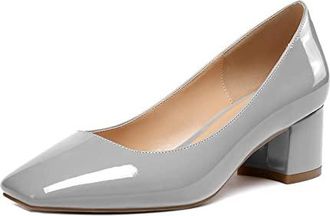 elashe Femme Bout Carré Escarpins, 5cm Bloc Petit Talon, Bout Fermé À Enfiler Pumps Verni GrisEU38