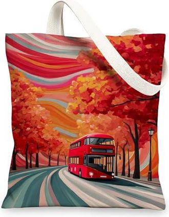 Generic Sacs fourre-tout artistiques en toile, motif bus coloré, sacs dépicerie réutilisables, légers et lavables avec bandoulière pour salle de sport, extéri