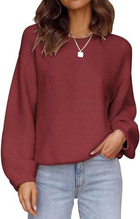 Zeagoo Pull &agrave; col rond pour femme - Pull en tricot confortable et chaud - Pull dhiver tricot&eacute; &agrave; manches chauve-souris - Tailles S &agrave; XXL, rouge, XL