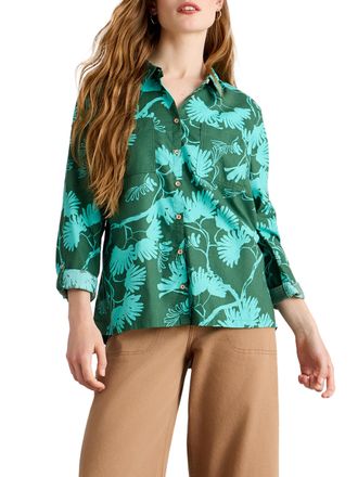 White Stuff Sophie Bio-Baumwollhemd - Normale Passform, Baumwollgewebe mit Knopfverschluss - Gr&uuml;n Druck - Gr&ouml;&szlig;e 44