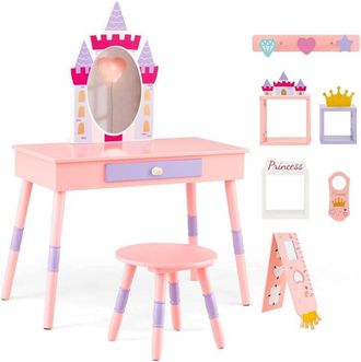 Costway Costway - 2 en 1 Coiffeuse Enfants sur Th&egrave;me du Ch&acirc;teau avec Tabouret, Table de Maquillage Princesse avec Miroir D&eacute;tachable, Accessoires Riches