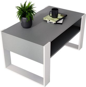 Generic Couchtisch KARO rechteckiger Kaffeetisch aus Holz Modern Teetisch 95 x 53,6 45cm massiv und stabil (Grau/Weiss), 0012