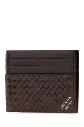 Prada Mens Intrecciato Leather Card Case Brown Wallet