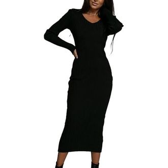 Generic Robe en Maille C&ocirc;Tel&eacute;E pour Femmes Robe &agrave; Manches Longues Et Col en V Robes Pull-Over De Couleur Unie (Le Noir,XL)