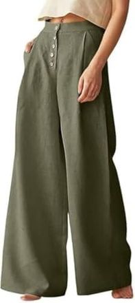 SHEKINI Pantalon Femme en Lin Jambe Droite Palazzo Pantalon Taille Haute Décontractés Travail Pantalon Plissé Devant Vintage Pantalon avec Poches et Boutons S