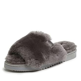 Dearfoams Pantoufle en peau de mouton avec bordure en daim métallique pour femme, Gris, 10