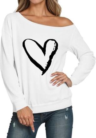 Generic T-shirts graphiques surdimensionn&eacute;s &agrave; manches longues pour la Saint-Valentin 2026, blanc, XXL