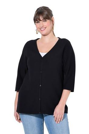 Ulla Popken Strickjacke, V-Ausschnitt, 3/4-arm, Biobaumwolle Cardigan Court f&eacute;minin avec boutonni&egrave;re, Noir, 48-50 Grande Taille Femmes