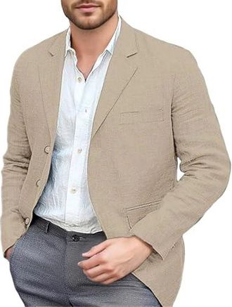 Generic Veste de costume l&eacute;g&egrave;re en lin pour homme - 3 boutons - Blazer non doubl&eacute; - Pour l&eacute;t&eacute;, la plage, le sport - Avec poche, kaki, XXL