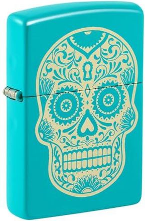 Zippo Sturmfeuerzeug - Dia de los Muertos Sugar Skull - Flat Turquoise Finish, Lasergravur - Nachfüllbar - Wiederverwendbar - Windfestes Design - Geschenkbo